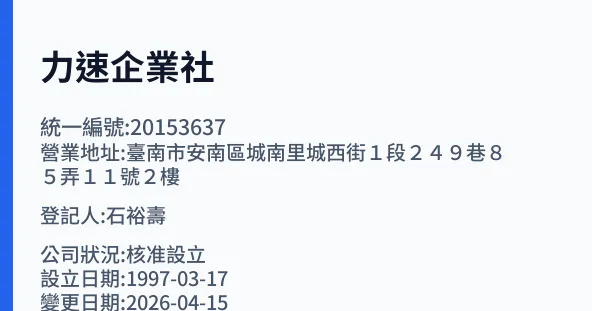 力速企業社的照片-統編 20153637(臺南市) 公司登記資料與營業項目詳細圖表