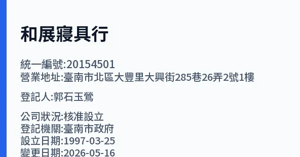 和展寢具行的照片-統編 20154501(臺南市) 公司登記資料與營業項目詳細圖表
