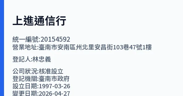 上進通信行的照片-統編 20154592(臺南市) 公司登記資料與營業項目詳細圖表
