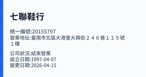七聯鞋行的照片-統編 20155797(臺南市) 公司登記資料與營業項目詳細圖表