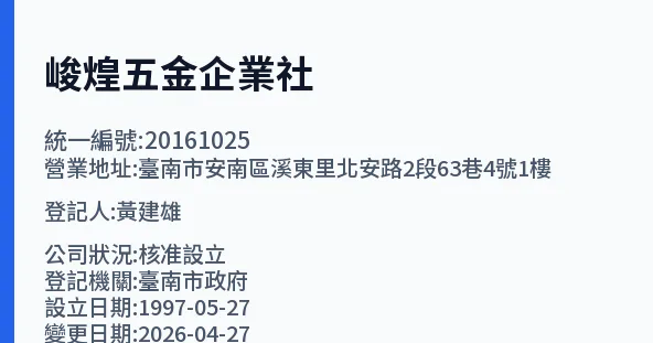 峻煌五金企業社的照片-統編 20161025(臺南市) 公司登記資料與營業項目詳細圖表