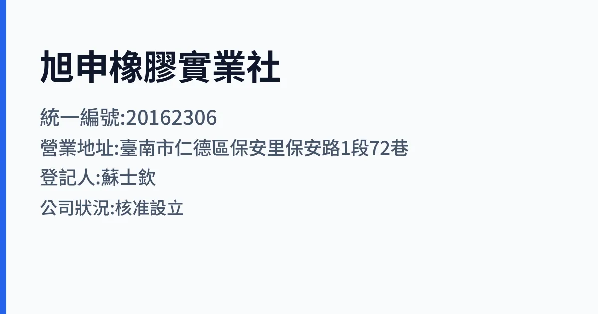 旭申橡膠實業社 - 統編 20162306(臺南市) 公司登記資料與營業項目詳細圖表