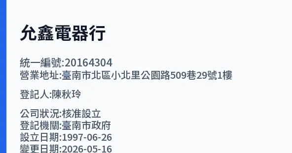允鑫電器行的照片-統編 20164304(臺南市) 公司登記資料與營業項目詳細圖表