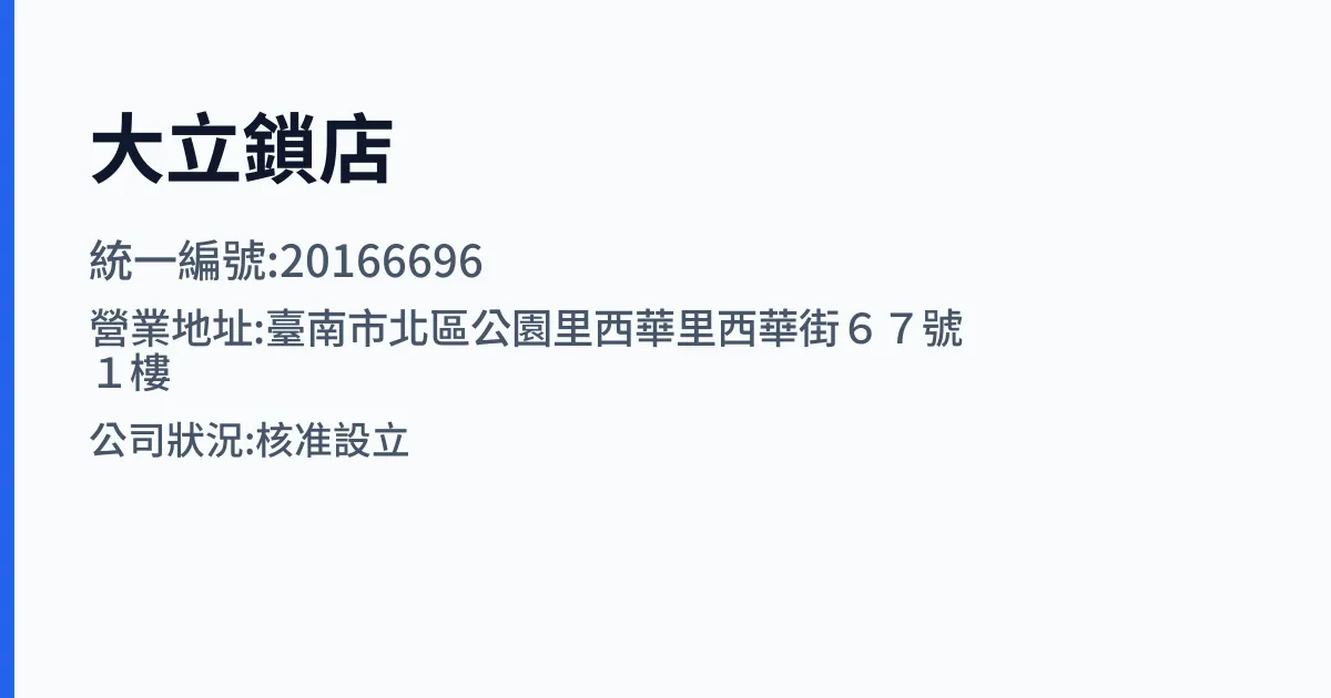 大立鎖店 - 統編 20166696(臺南市) 公司登記資料與營業項目詳細圖表