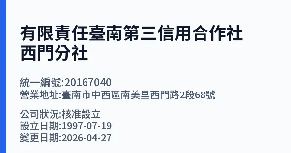 有限責任臺南第三信用合作社西門分社的照片-統編 20167040(臺南市) 公司登記資料與營業項目詳細圖表