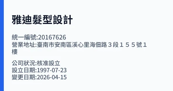 雅迪髮型設計的照片-統編 20167626(臺南市) 公司登記資料與營業項目詳細圖表