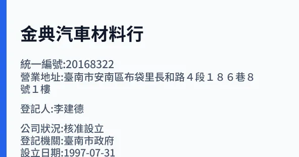 金典汽車材料行的照片-統編 20168322(臺南市) 公司登記資料與營業項目詳細圖表