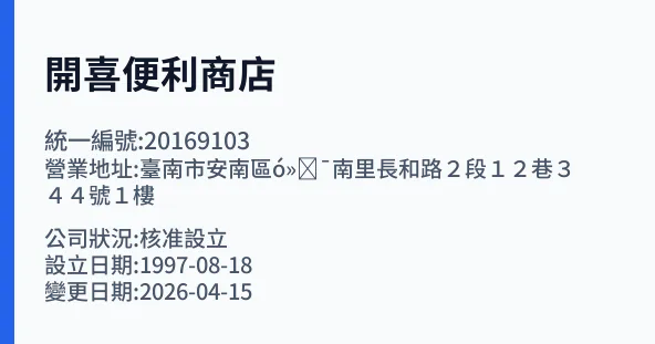 開喜便利商店的照片-統編 20169103(臺南市) 公司登記資料與營業項目詳細圖表