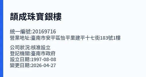 頡成珠寶銀樓的照片-統編 20169716(臺南市) 公司登記資料與營業項目詳細圖表
