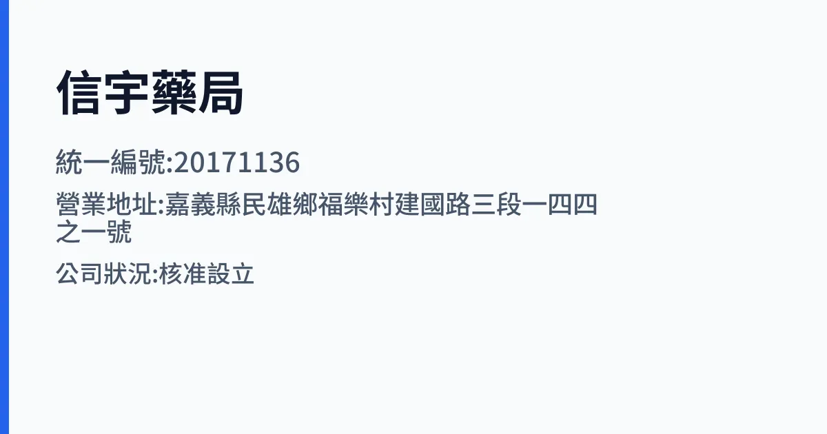 信宇藥局 - 統編 20171136(嘉義縣) 公司登記資料與營業項目詳細圖表