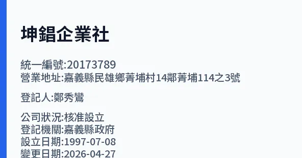 坤錩企業社的照片-統編 20173789(嘉義縣) 公司登記資料與營業項目詳細圖表