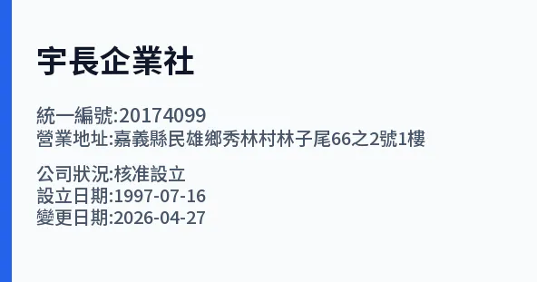 宇長企業社的照片-統編 20174099(嘉義縣) 公司登記資料與營業項目詳細圖表