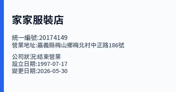 家家服裝店的照片-統編 20174149(嘉義縣) 公司登記資料與營業項目詳細圖表