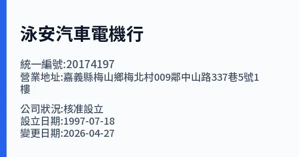 泳安汽車電機行的照片-統編 20174197(嘉義縣) 公司登記資料與營業項目詳細圖表