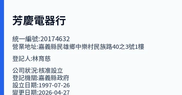 芳慶電器行的照片-統編 20174632(嘉義縣) 公司登記資料與營業項目詳細圖表