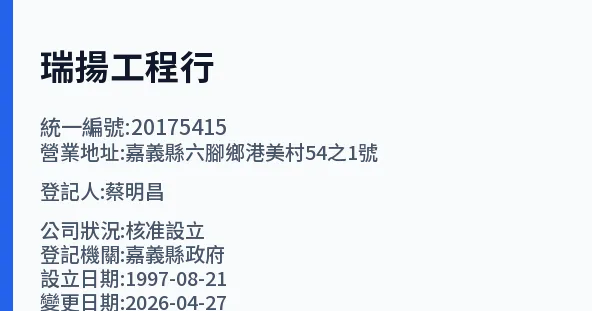瑞揚工程行的照片-統編 20175415(嘉義縣) 公司登記資料與營業項目詳細圖表