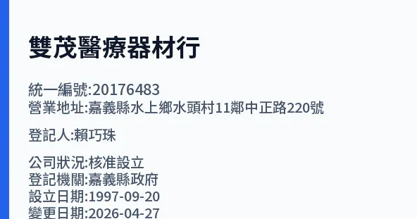 雙茂醫療器材行的照片-統編 20176483(嘉義縣) 公司登記資料與營業項目詳細圖表