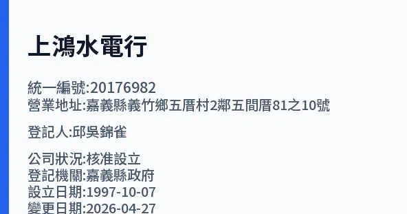 上鴻水電行的照片-統編 20176982(嘉義縣) 公司登記資料與營業項目詳細圖表