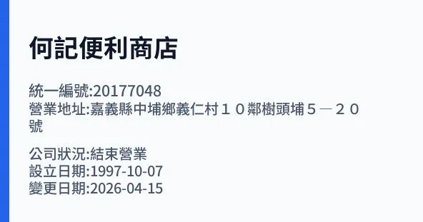 何記便利商店的照片-統編 20177048(嘉義縣) 公司登記資料與營業項目詳細圖表