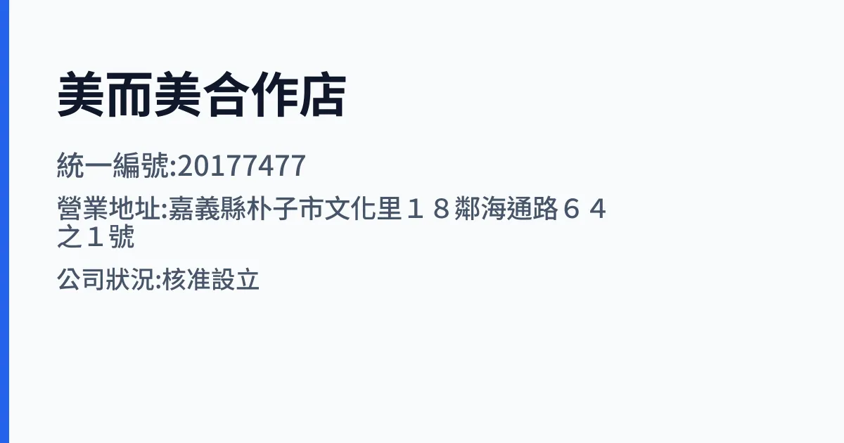 美而美合作店 - 統編 20177477(嘉義縣) 公司登記資料與營業項目詳細圖表