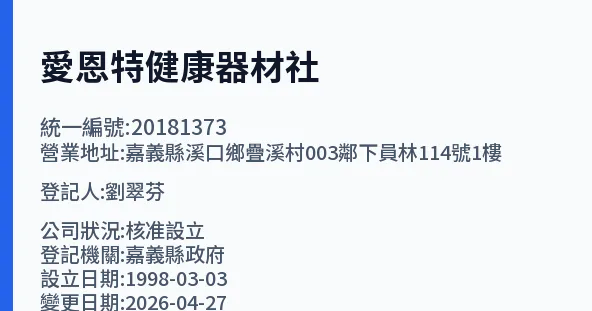 愛恩特健康器材社的照片-統編 20181373(嘉義縣) 公司登記資料與營業項目詳細圖表