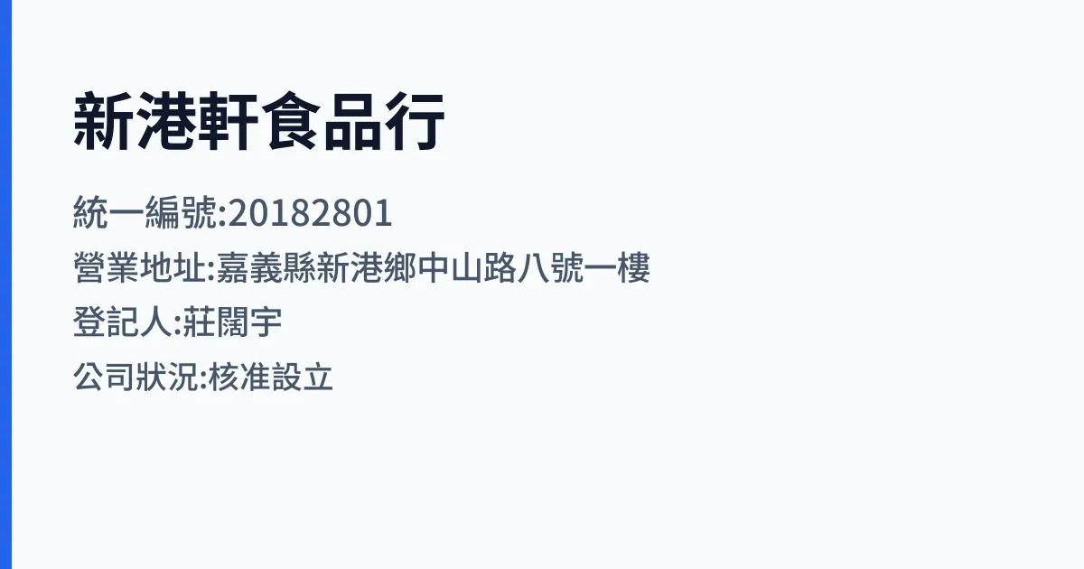 新港軒食品行 - 統編 20182801(嘉義縣) 公司登記資料與營業項目詳細圖表