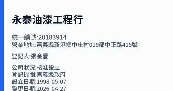 永泰油漆工程行的照片-統編 20183914(嘉義縣) 公司登記資料與營業項目詳細圖表