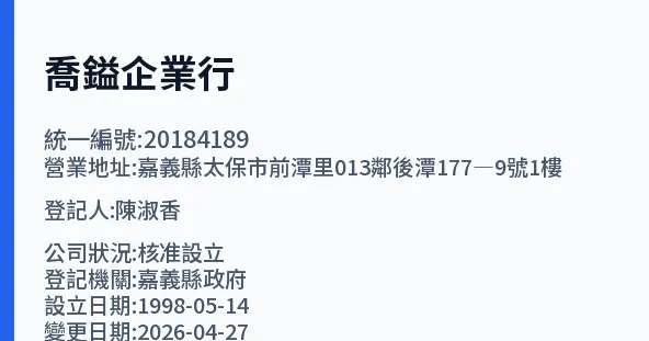 喬鎰企業行的照片-統編 20184189(嘉義縣) 公司登記資料與營業項目詳細圖表