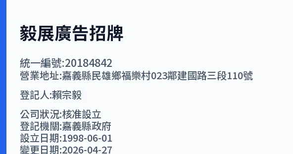 毅展廣告招牌的照片-統編 20184842(嘉義縣) 公司登記資料與營業項目詳細圖表