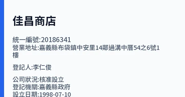佳昌商店的照片-統編 20186341(嘉義縣) 公司登記資料與營業項目詳細圖表