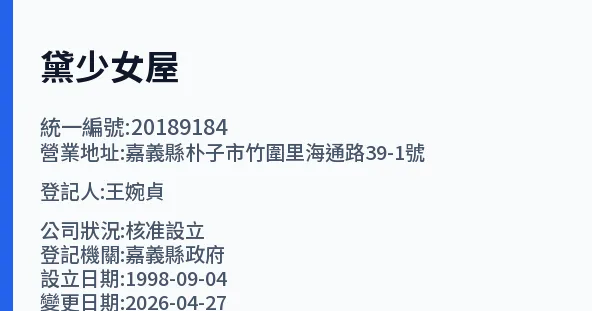 黛少女屋的照片-統編 20189184(嘉義縣) 公司登記資料與營業項目詳細圖表