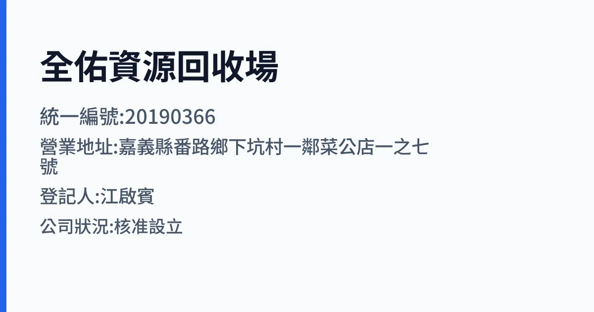 全佑資源回收場 - 統編 20190366(嘉義縣) 公司登記資料與營業項目詳細圖表