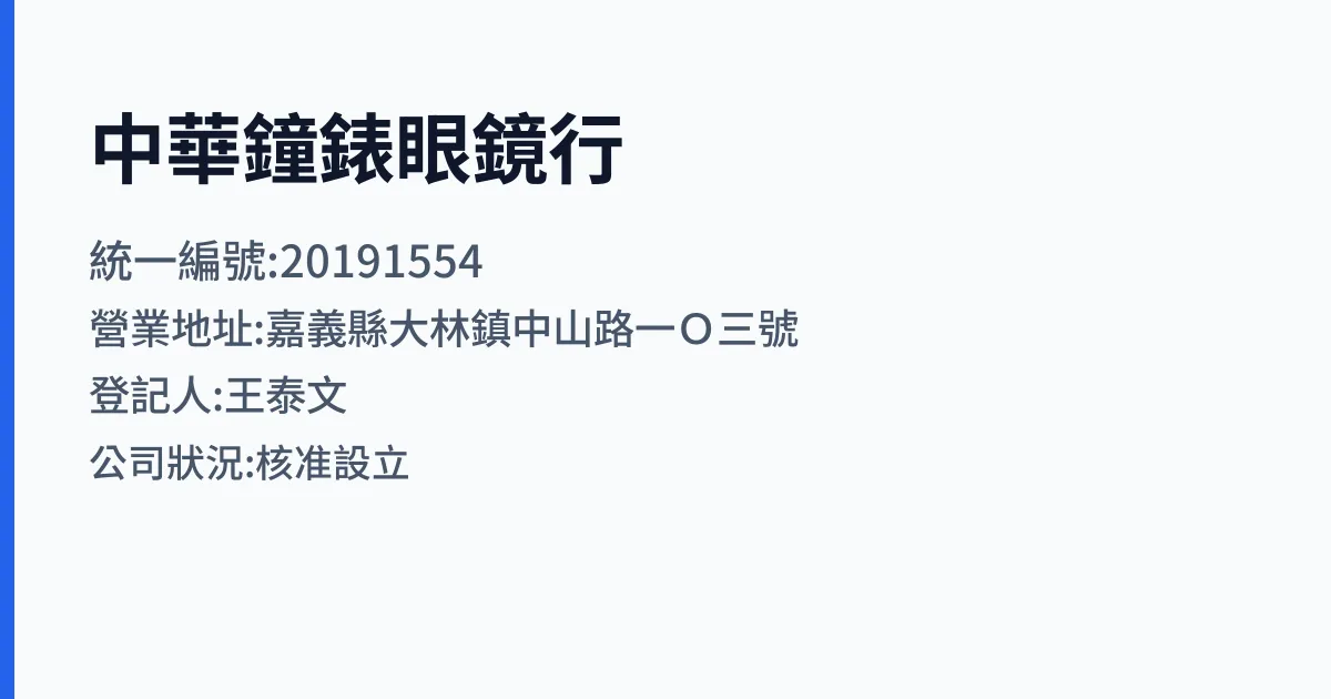 中華鐘錶眼鏡行 - 統編 20191554(嘉義縣) 公司登記資料與營業項目詳細圖表