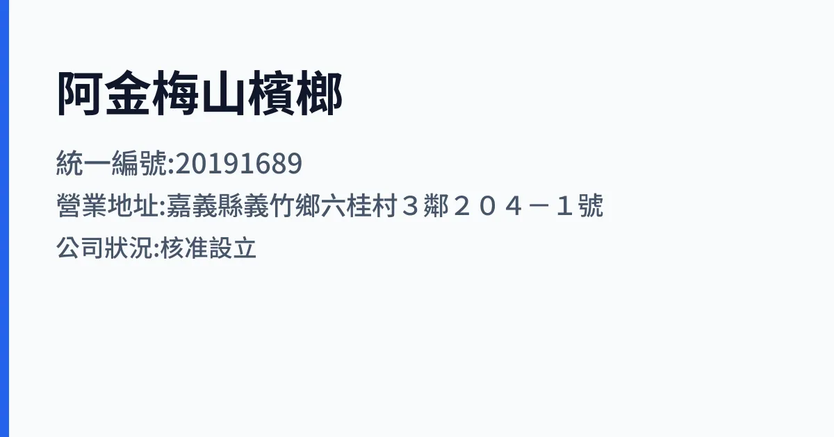 阿金梅山檳榔 - 統編 20191689(嘉義縣) 公司登記資料與營業項目詳細圖表