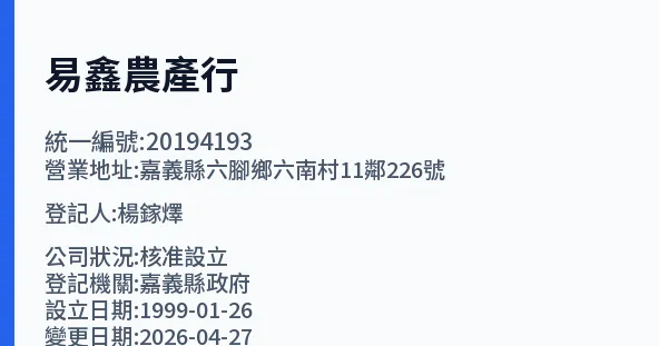 易鑫農產行的照片-統編 20194193(嘉義縣) 公司登記資料與營業項目詳細圖表