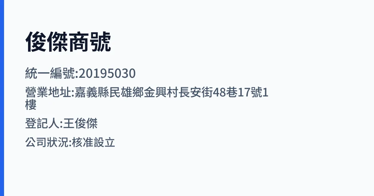 俊傑商號 - 統編 20195030(嘉義縣) 公司登記資料與營業項目詳細圖表