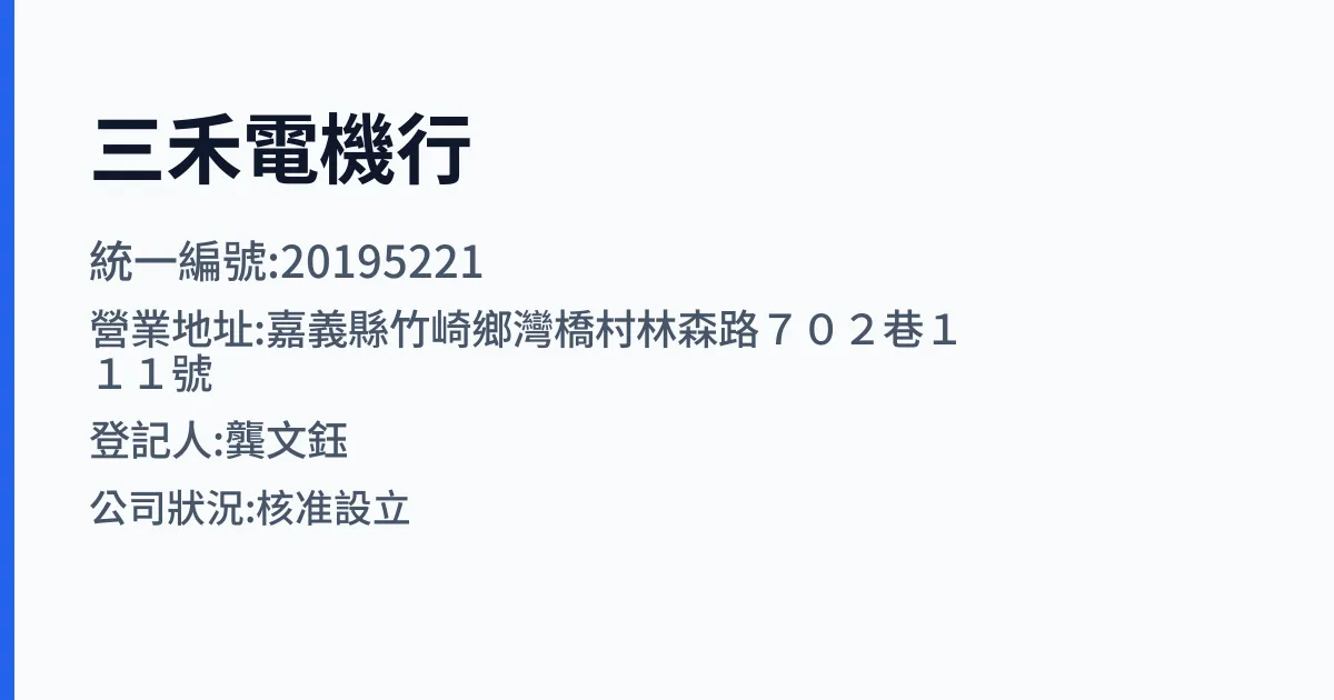 三禾電機行 - 統編 20195221(嘉義縣) 公司登記資料與營業項目詳細圖表