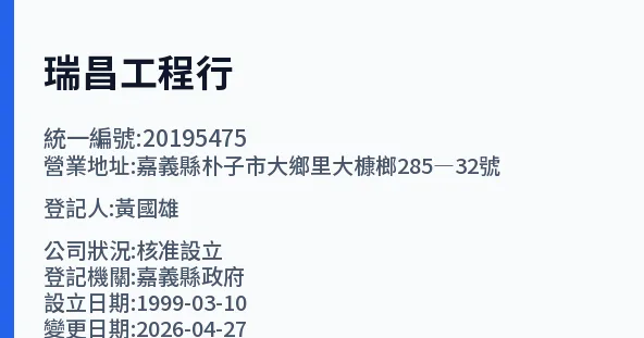 瑞昌工程行的照片-統編 20195475(嘉義縣) 公司登記資料與營業項目詳細圖表