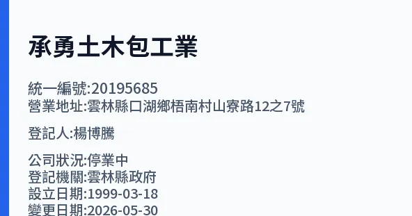 承勇土木包工業的照片-統編 20195685(雲林縣) 公司登記資料與營業項目詳細圖表