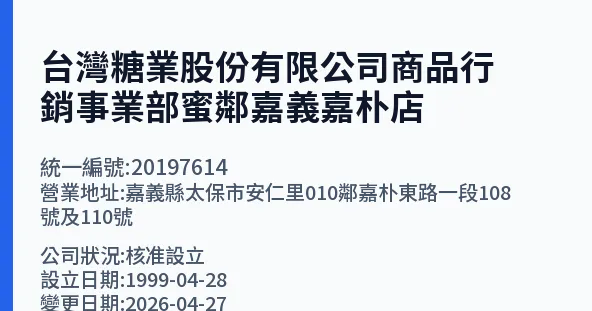 台灣糖業股份有限公司商品行銷事業部蜜鄰嘉義嘉朴店的照片-統編 20197614(嘉義縣) 公司登記資料與營業項目詳細圖表