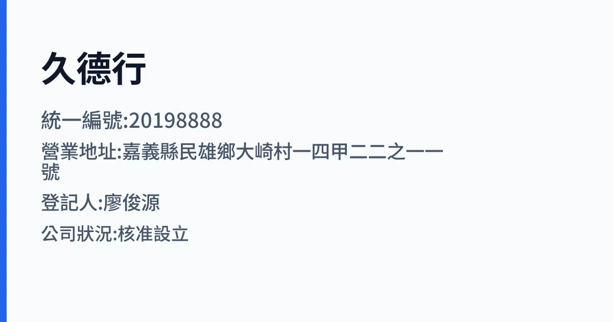久德行 - 統編 20198888(嘉義縣) 公司登記資料與營業項目詳細圖表