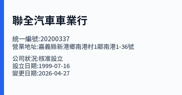 聯全汽車車業行的照片-統編 20200337(嘉義縣) 公司登記資料與營業項目詳細圖表