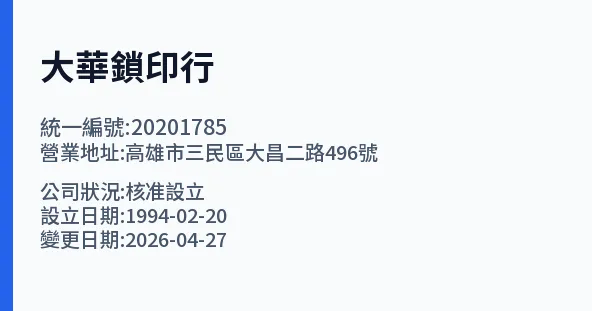 大華鎖印行的照片-統編 20201785(高雄市) 公司登記資料與營業項目詳細圖表