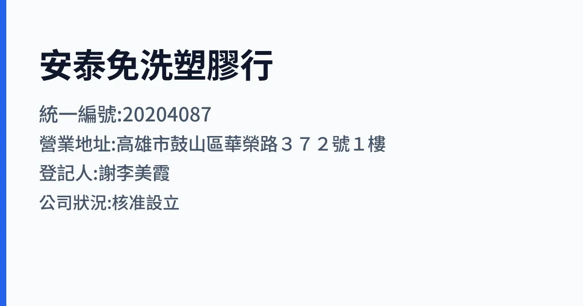 安泰免洗塑膠行 - 統編 20204087（高雄市） 公司登記資料與營業項目詳細圖表