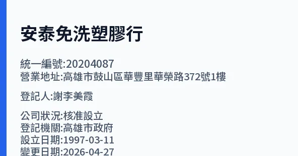 安泰免洗塑膠行的照片-統編 20204087(高雄市) 公司登記資料與營業項目詳細圖表