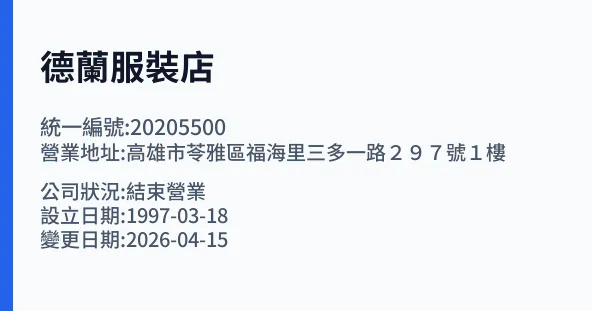 德蘭服裝店的照片-統編 20205500(高雄市) 公司登記資料與營業項目詳細圖表