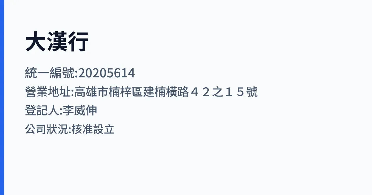 大漢行 - 統編 20205614(高雄市) 公司登記資料與營業項目詳細圖表