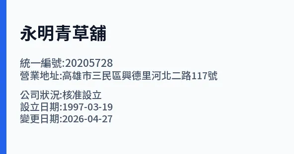 永明青草舖的照片-統編 20205728(高雄市) 公司登記資料與營業項目詳細圖表