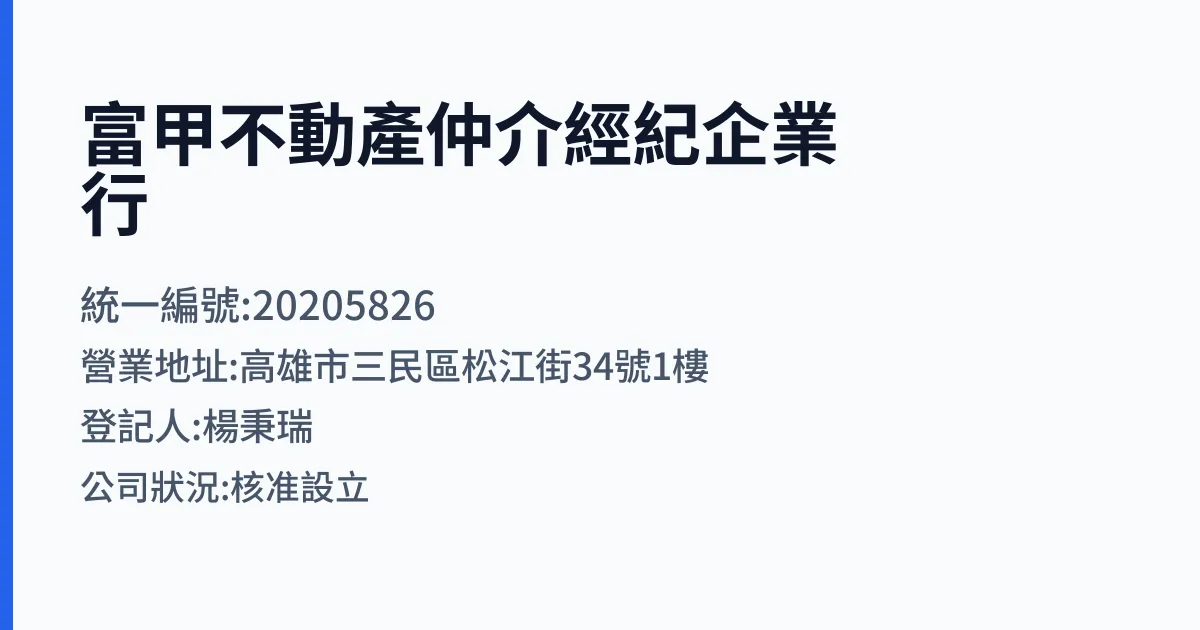 富甲不動產仲介經紀企業行 - 統編 20205826(高雄市) 公司登記資料與營業項目詳細圖表
