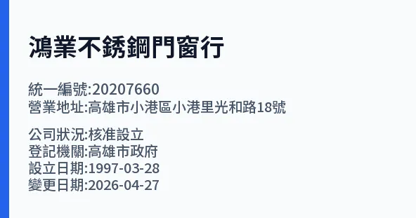 鴻業不銹鋼門窗行的照片-統編 20207660(高雄市) 公司登記資料與營業項目詳細圖表